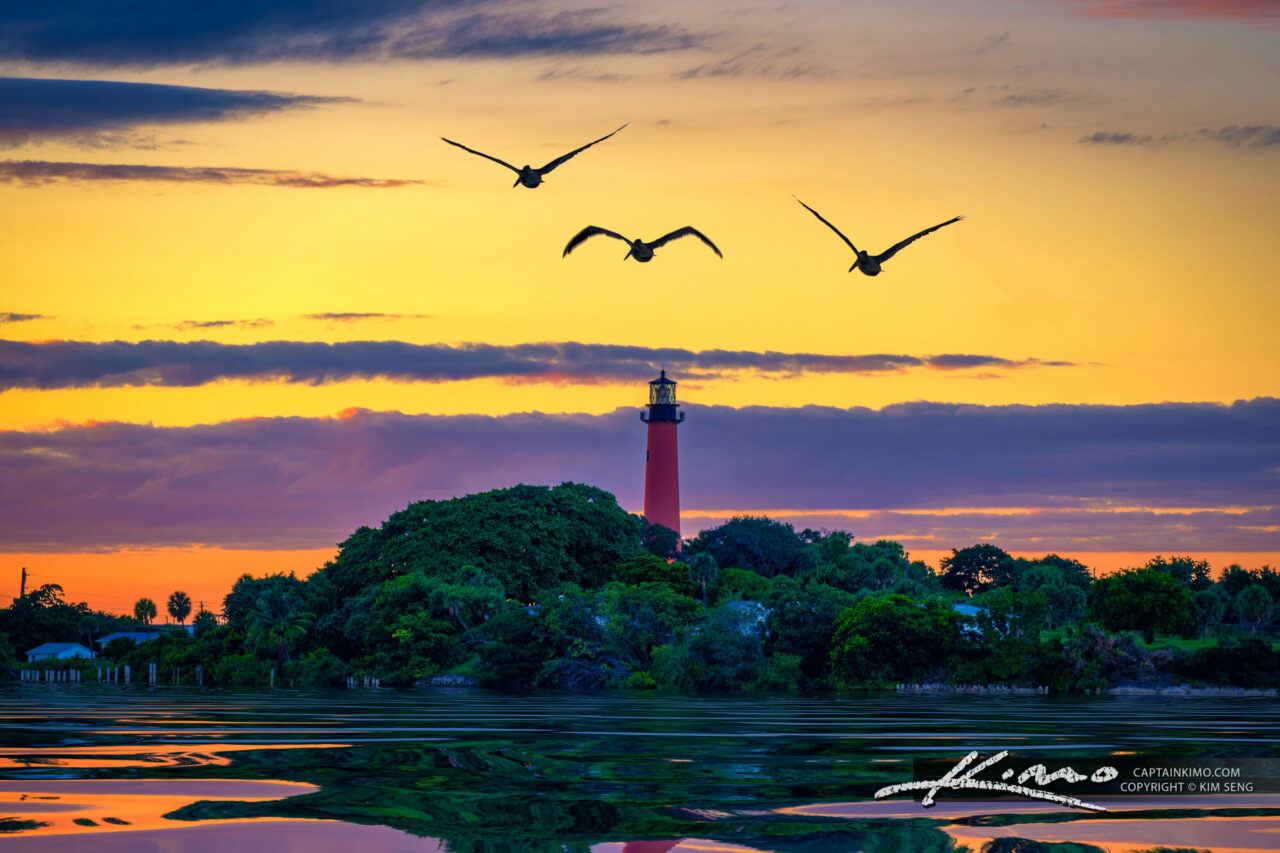 Sunset Serenade Pelicans Over Jupiter Inlet Lighthouse | HDR ...